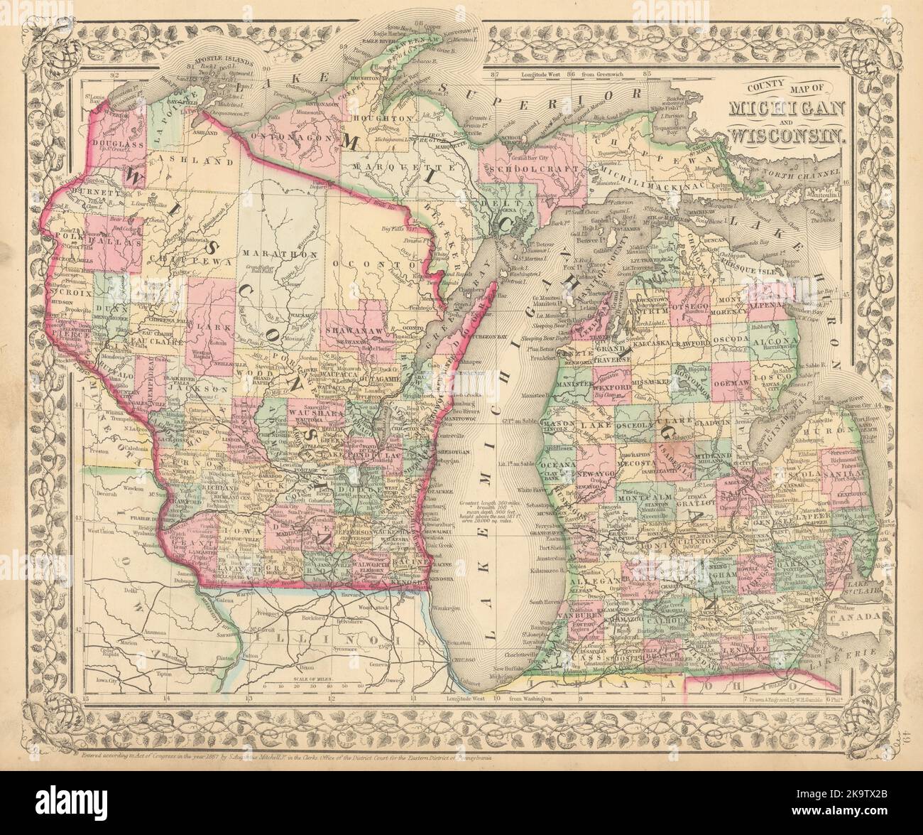 County map of Michigan and Wisconsin by S. Augustus Mitchell. State map ...