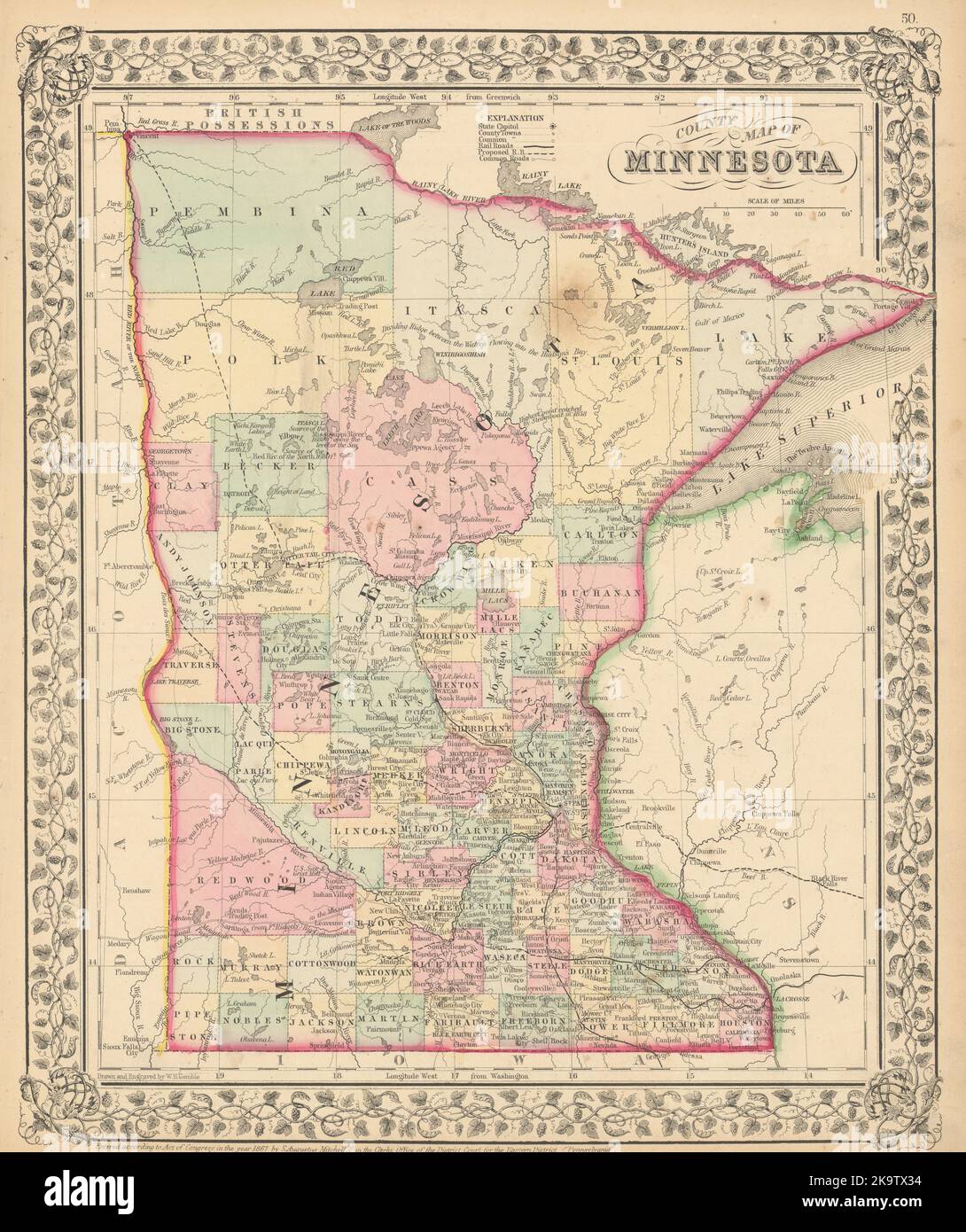 County map of Minnesota by Samuel Augustus Mitchell. State map 1869 old ...