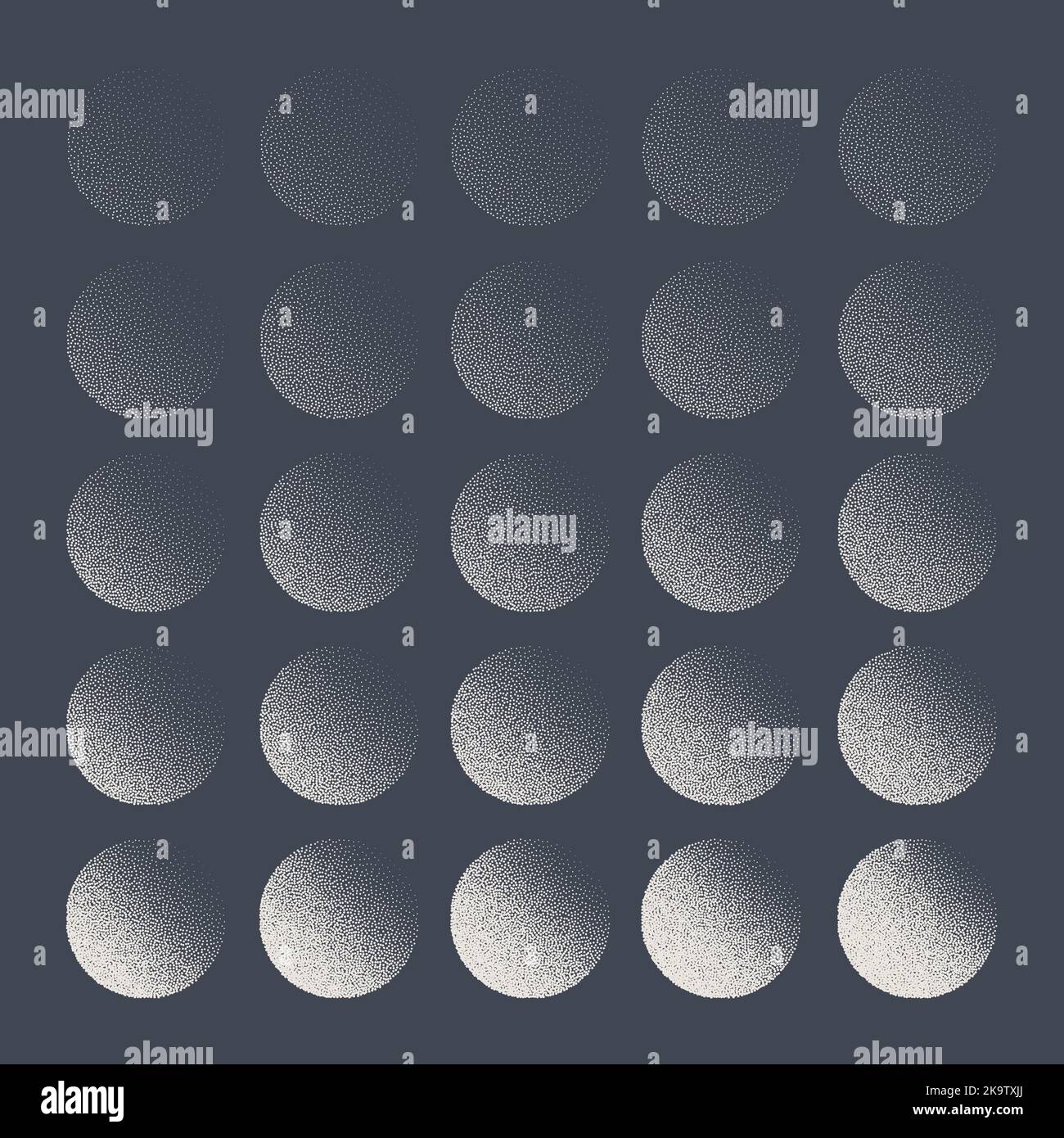 Round shaped dotted objects, stipple elements. Fading gradient ...