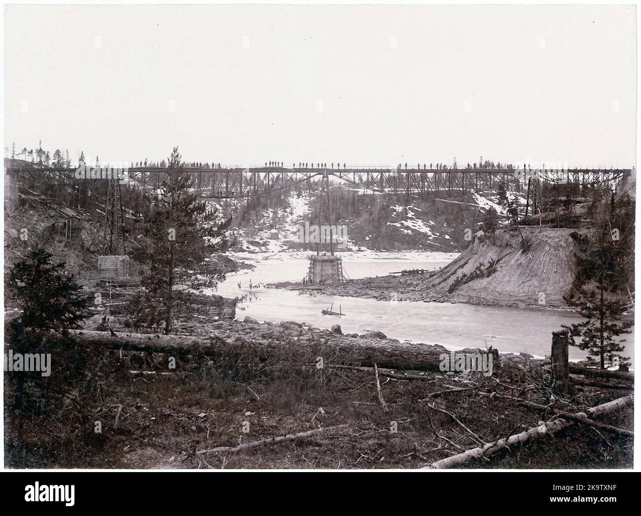 Construction of railway bridge over the Vindel River, on the line ...