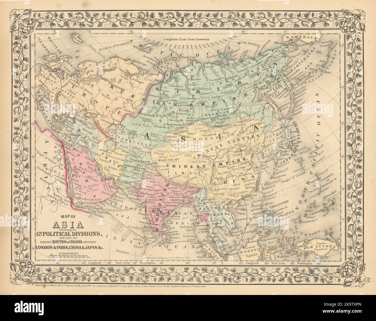 Asia showing… routes of travel between London & India, China… MITCHELL ...