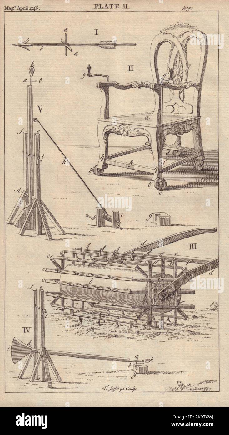Naval arrow or dart. Gout chair. Rolling Harrow. Grenade thrower 1746 ...