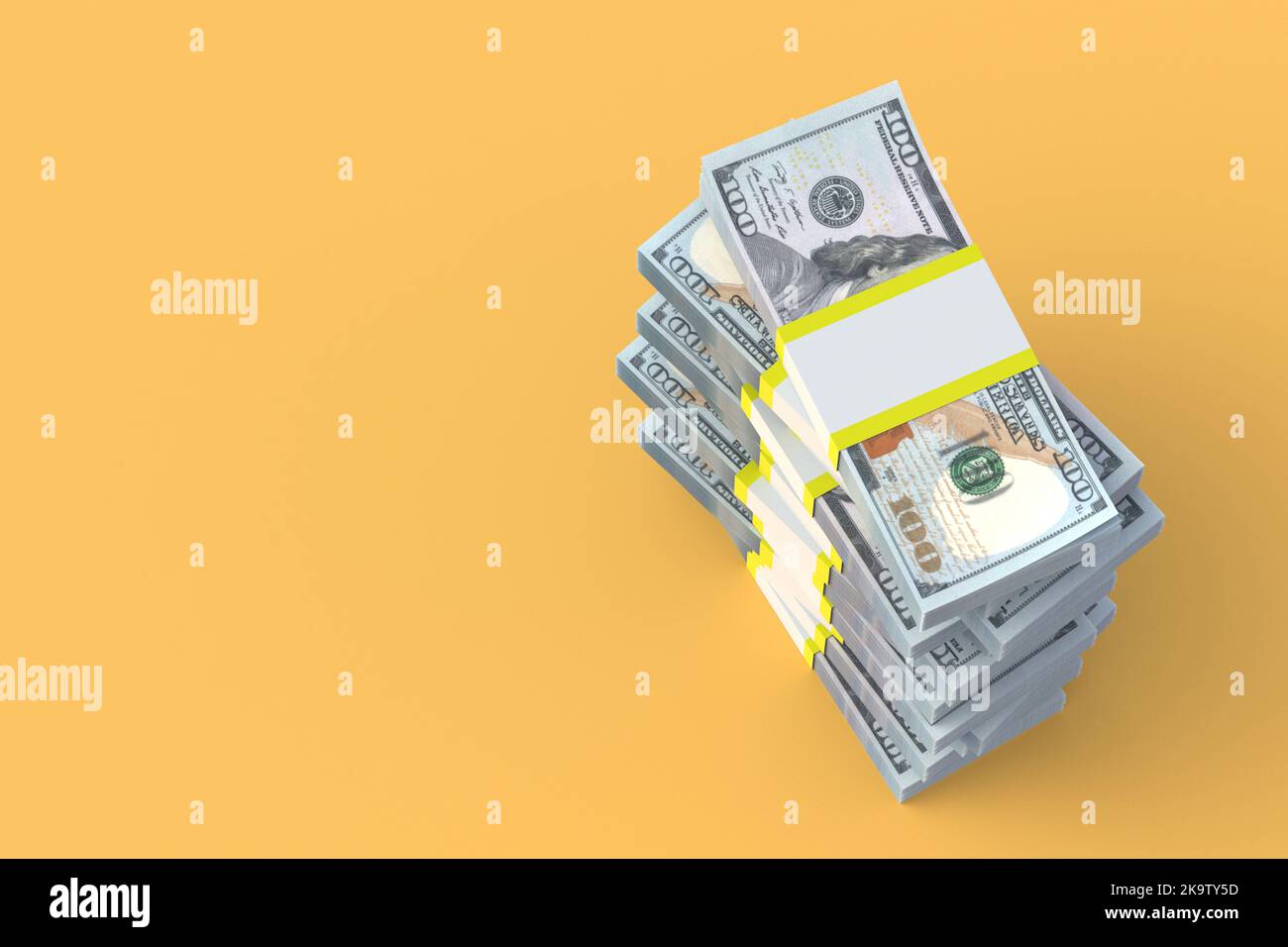 Stack of dollar banknotes on orange background. Copy space. 3d render ...