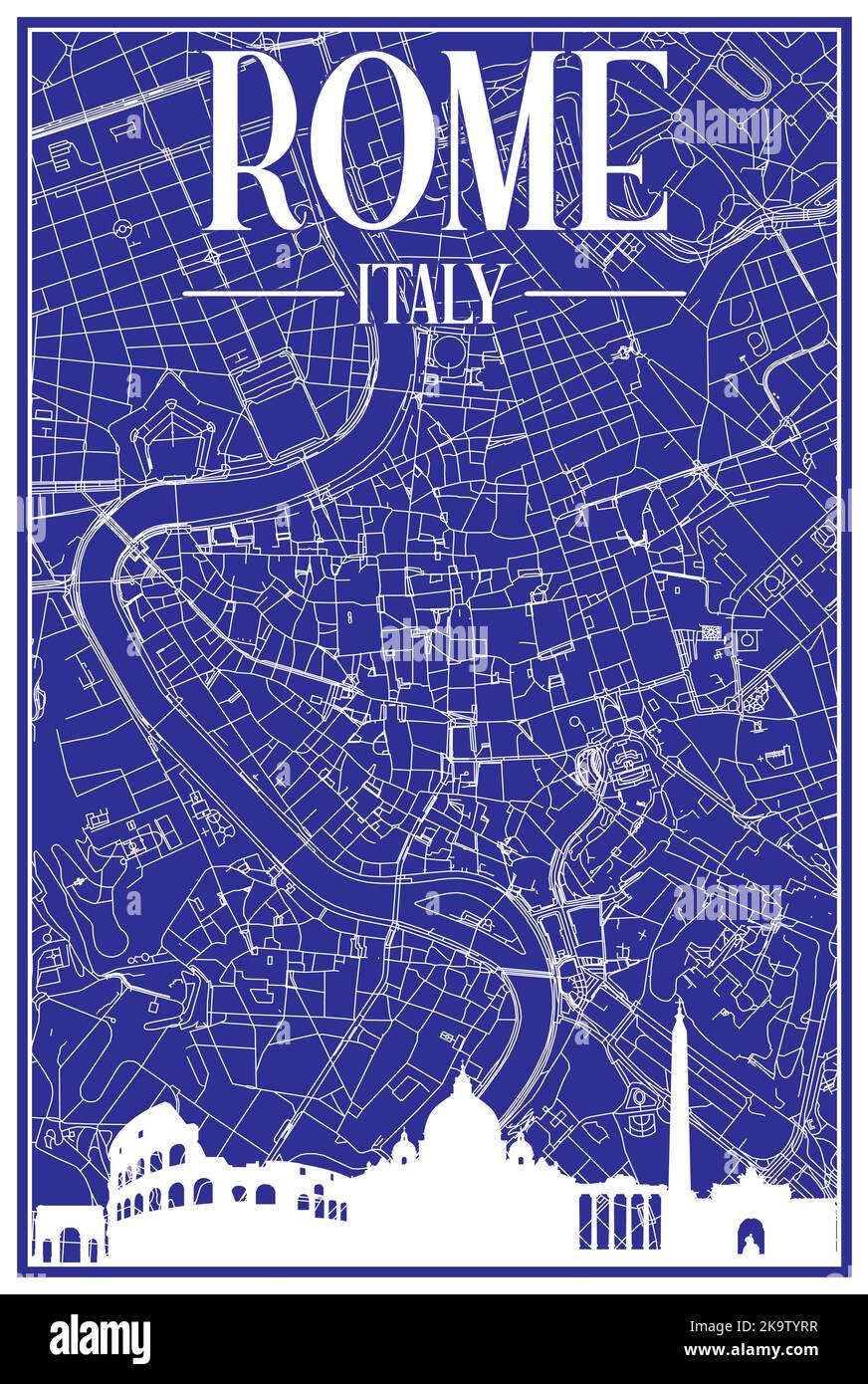 Hand-drawn downtown streets network printout map of ROME, ITALY Stock ...