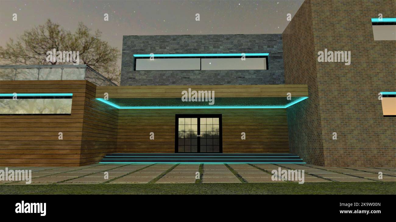Illumination of the porch of a modern private house with a turquoise ...
