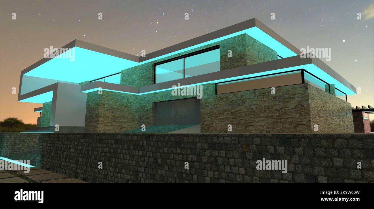 Illumination of the exterior of a country house with turquoise lighting ...