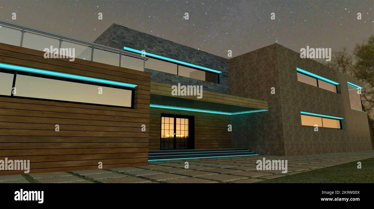 Night lighting with a turquoise LED strip on the facade of a modern ...