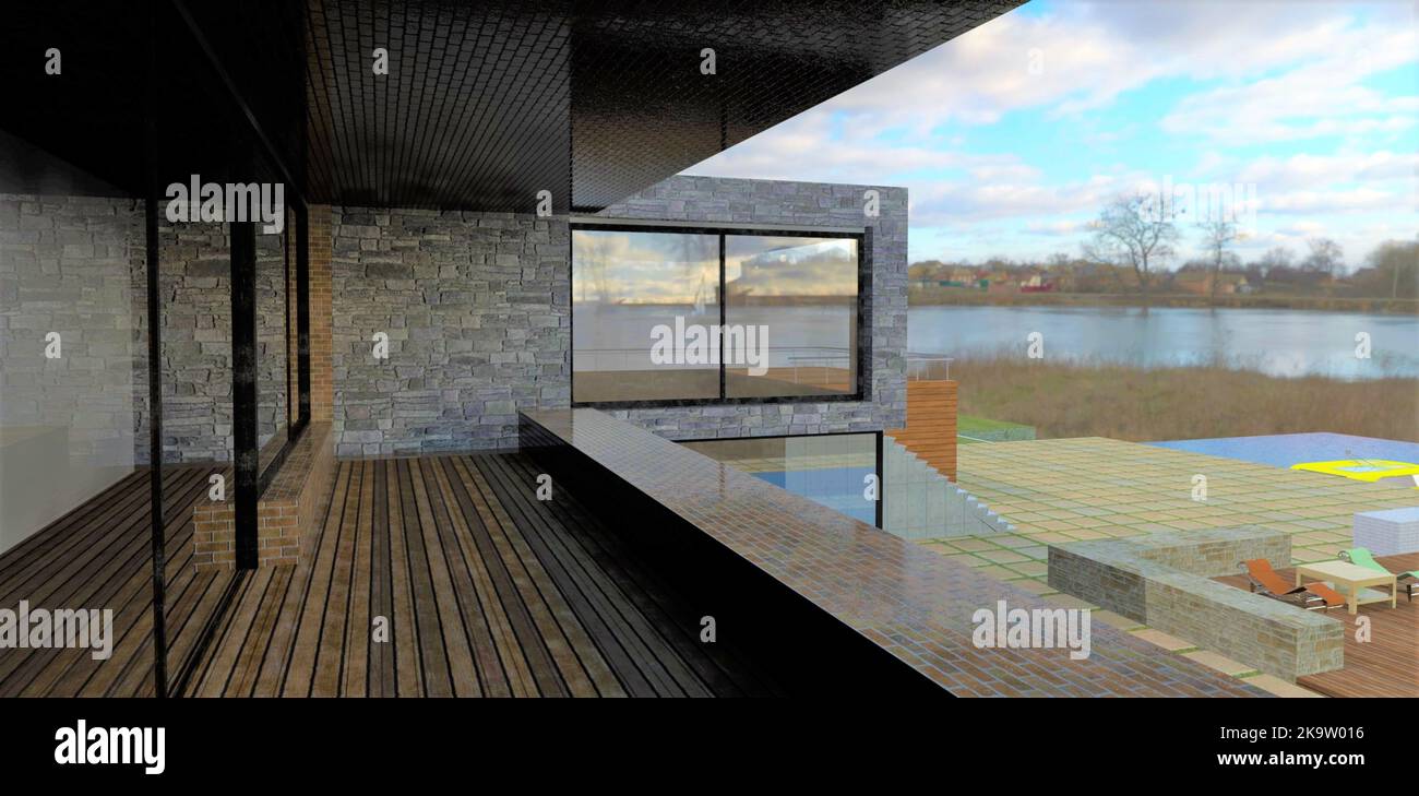 Design of a balcony with wooden flooring in a modern private house ...