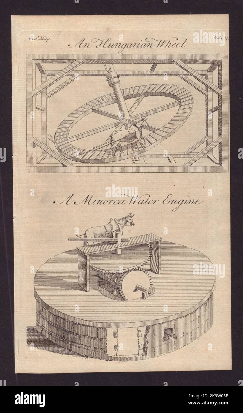 An Hungarian Wheel. A Minorca Water Engine. Spain. GENTS MAG 1752 old ...