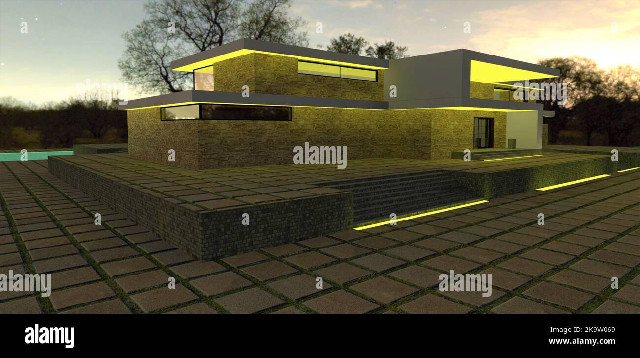 Illumination of a country private house with a yellow LED strip. Clear ...