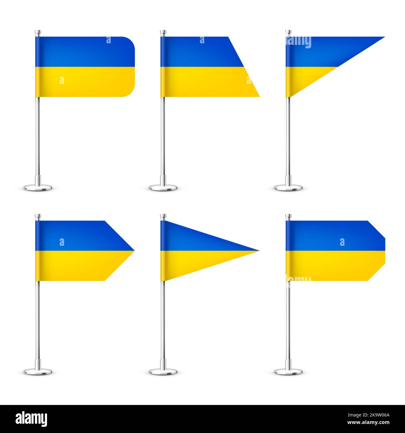 Realistic various Ukrainian table flags on a chrome steel pole ...