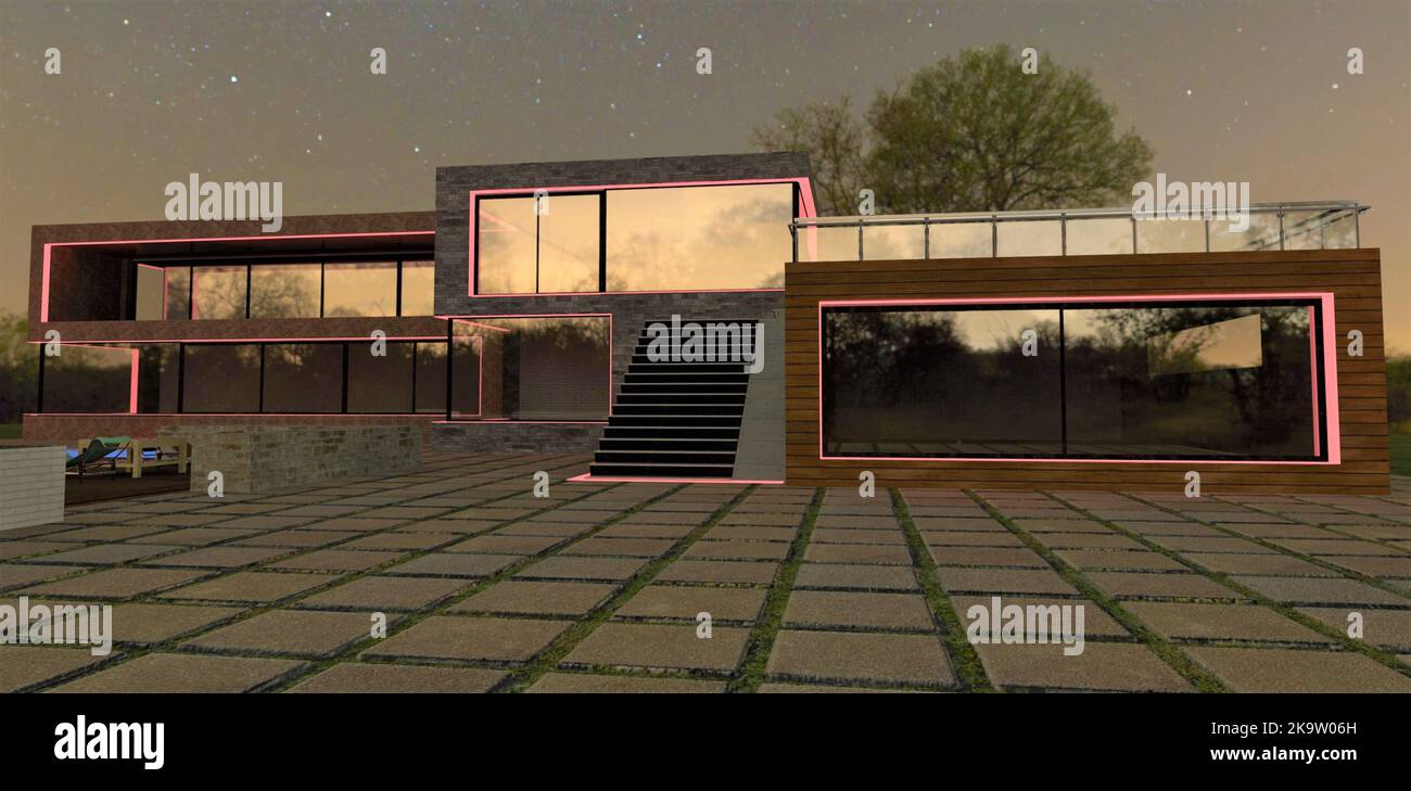 Experiments with lighting the facade of a country house with a scarlet ...