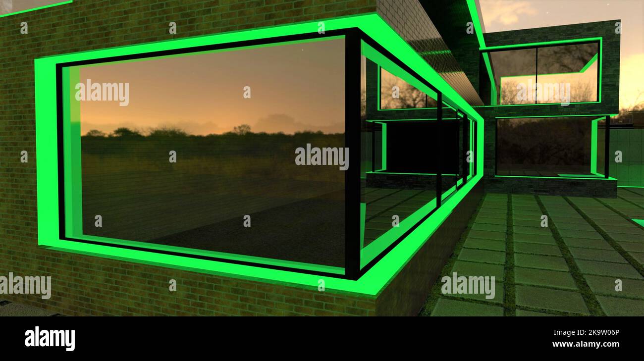 Green luminescent paint in the window openings makes the facade of an ...