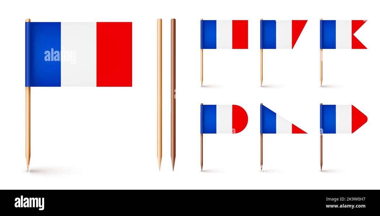 Realistic various French toothpick flags. Souvenir from France. Wooden ...