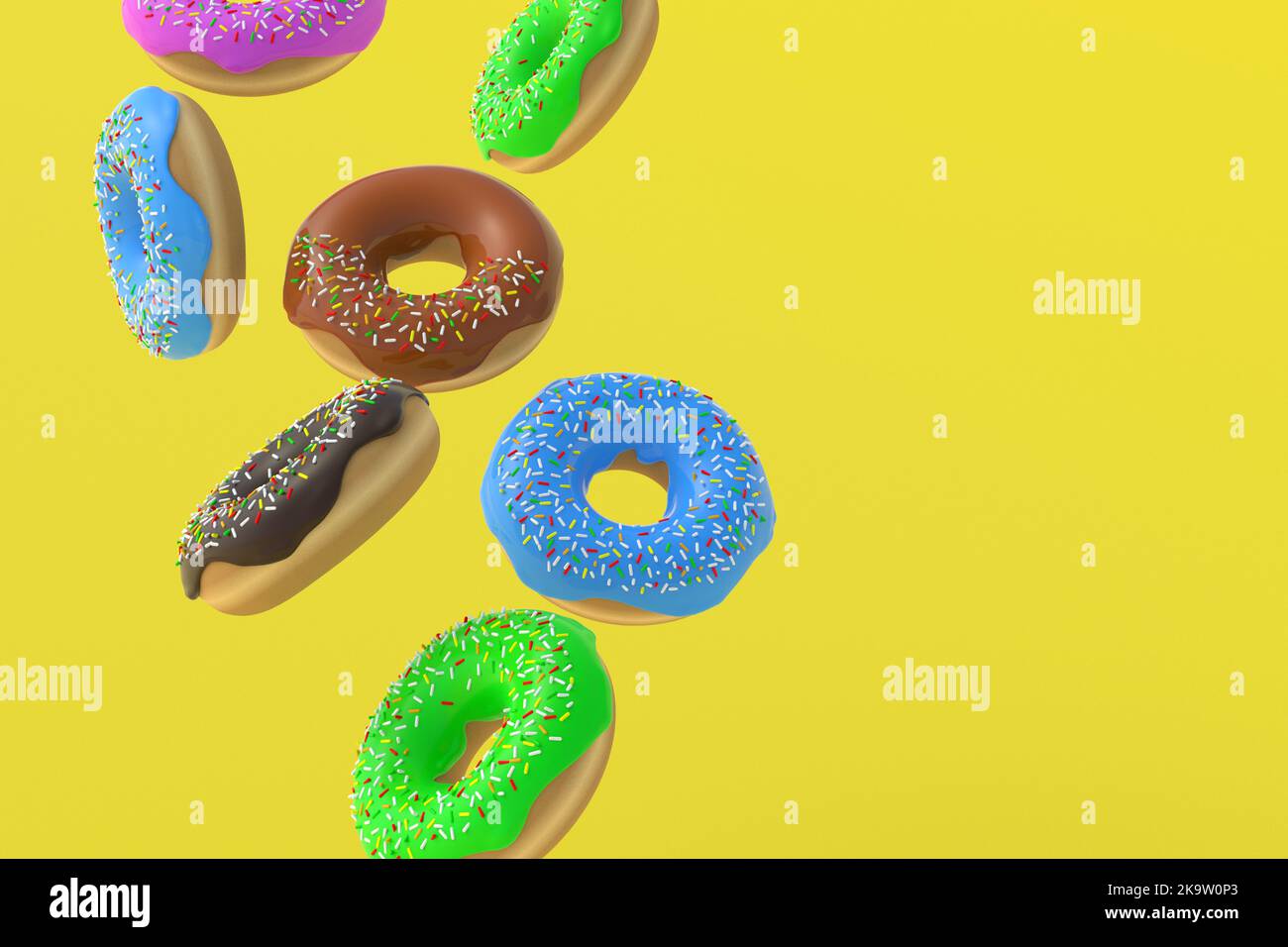 Falling donuts on yellow background. Homemade bakery. Break time. Sweet ...