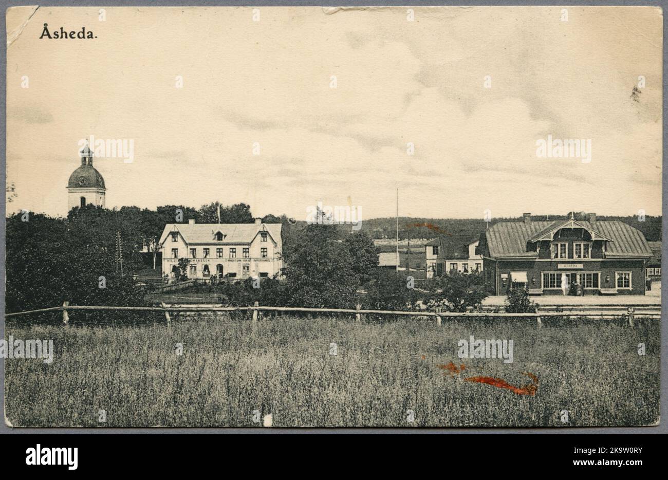 Picture of Åsheda, later Åseda, station with the church in the upper ...