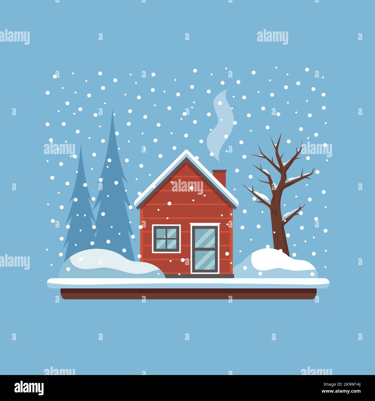 Winter landscape. Red house, tree, drifts and fir-trees in the distance ...