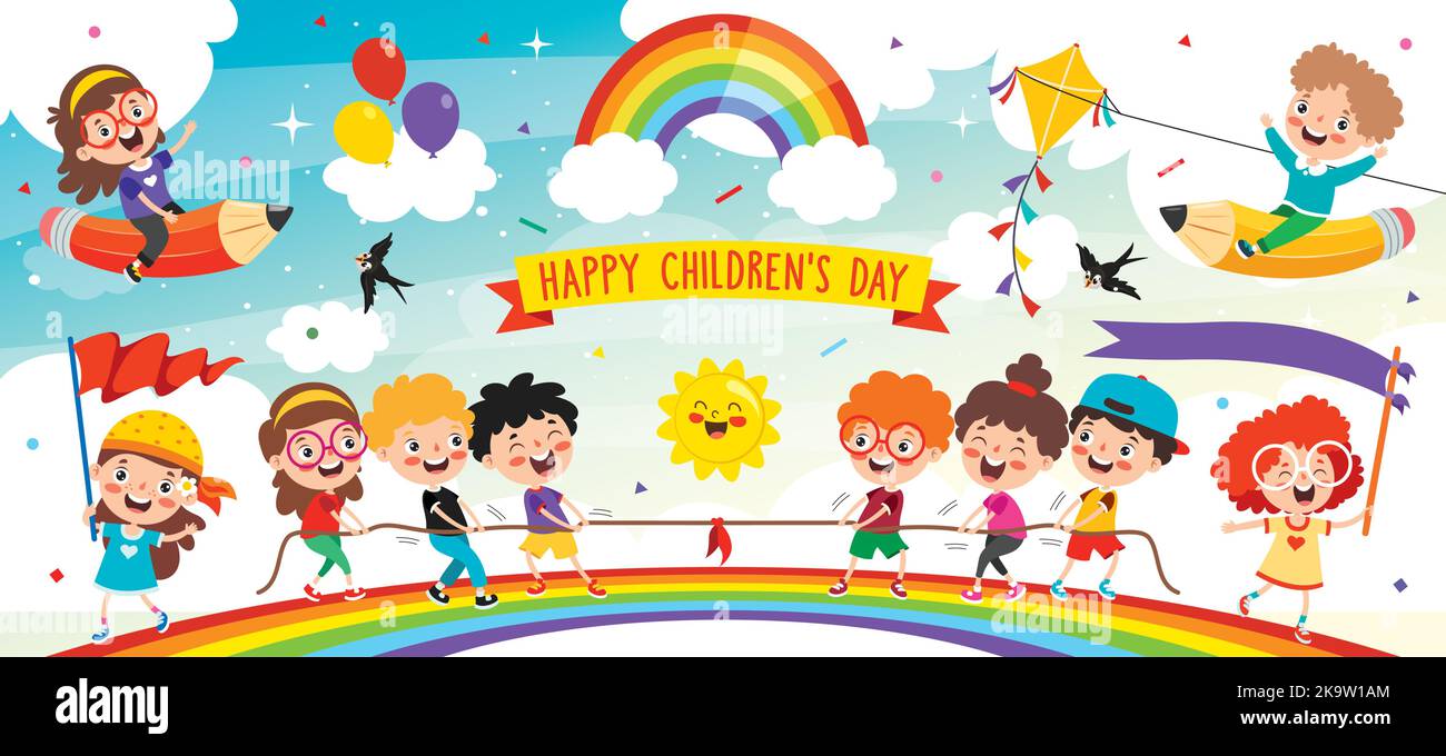 Multi Ethnic Kids Playing On Rainbow Stock Vector Image & Art - Alamy