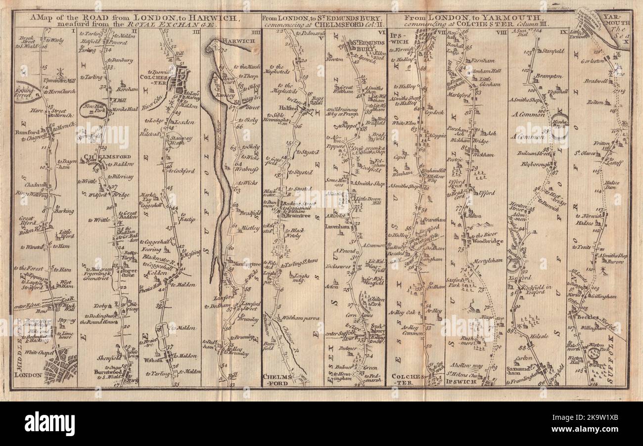 London-Chelmsford-Colchester-Harwich/Yarmouth road strip map GENTS MAG ...