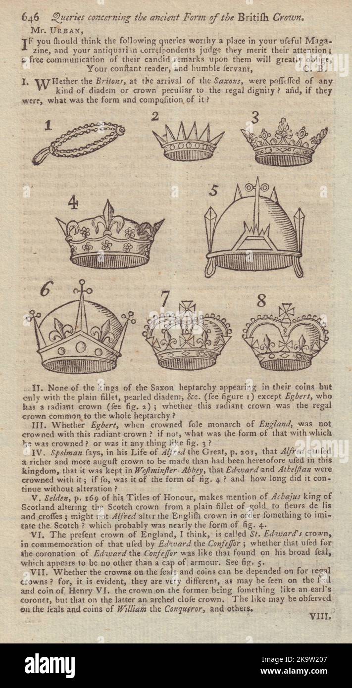 Eight different Crowns worn by British Sovereigns. GENTS MAG 1773 old ...