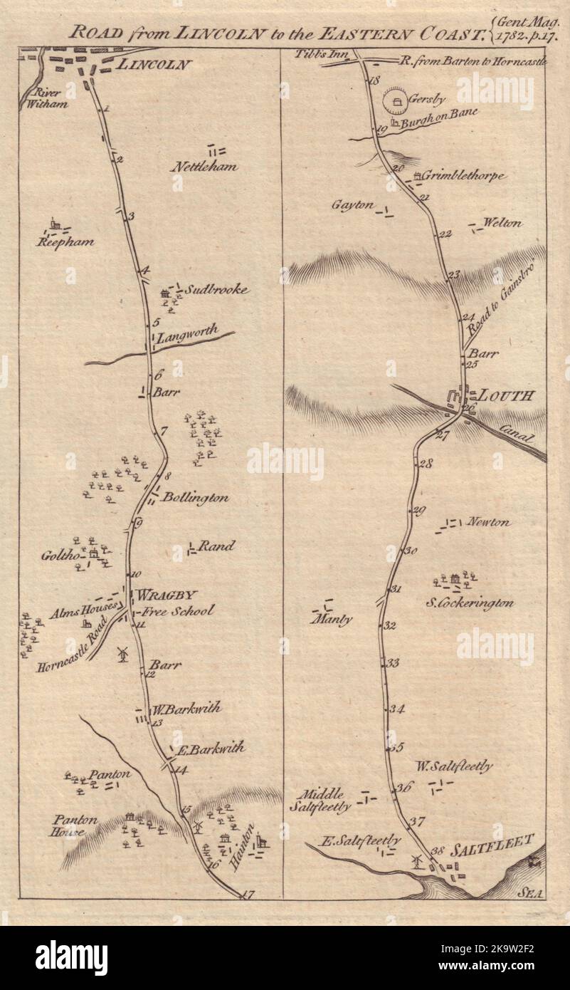 Road from Lincoln-Wragby-Louth-Saltfleet strip map. GENTS MAG 1782 old ...