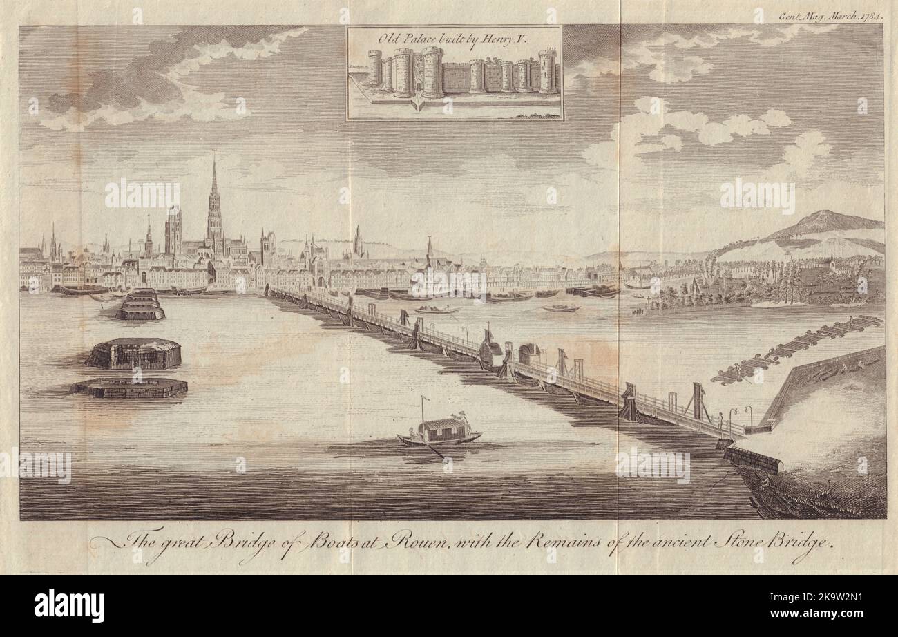 The great bridge of boats at Rouen with the remains of the ancient ...