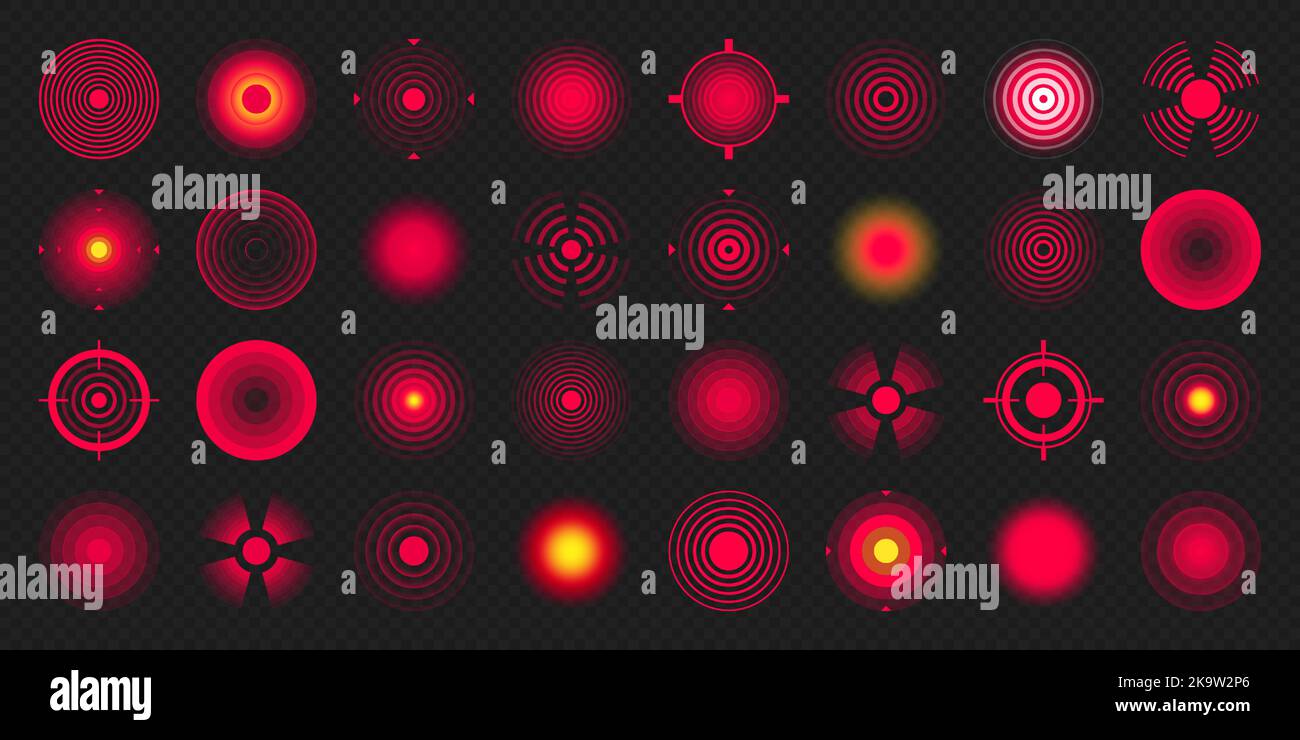Pain localization marks. Painful area, aching spot. Red circles ...