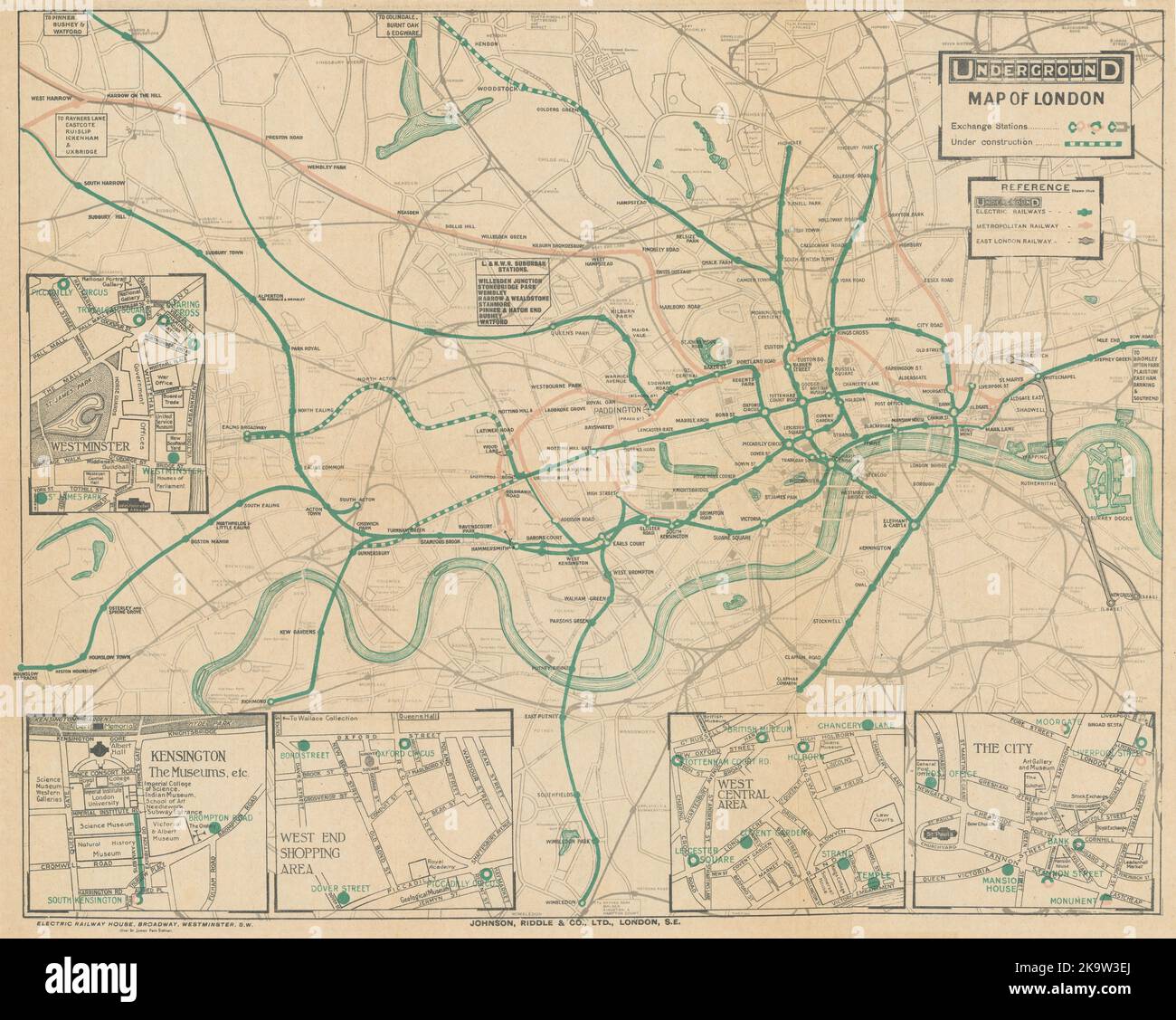 Underground Map of London. Tube network map 1915 old antique plan chart ...
