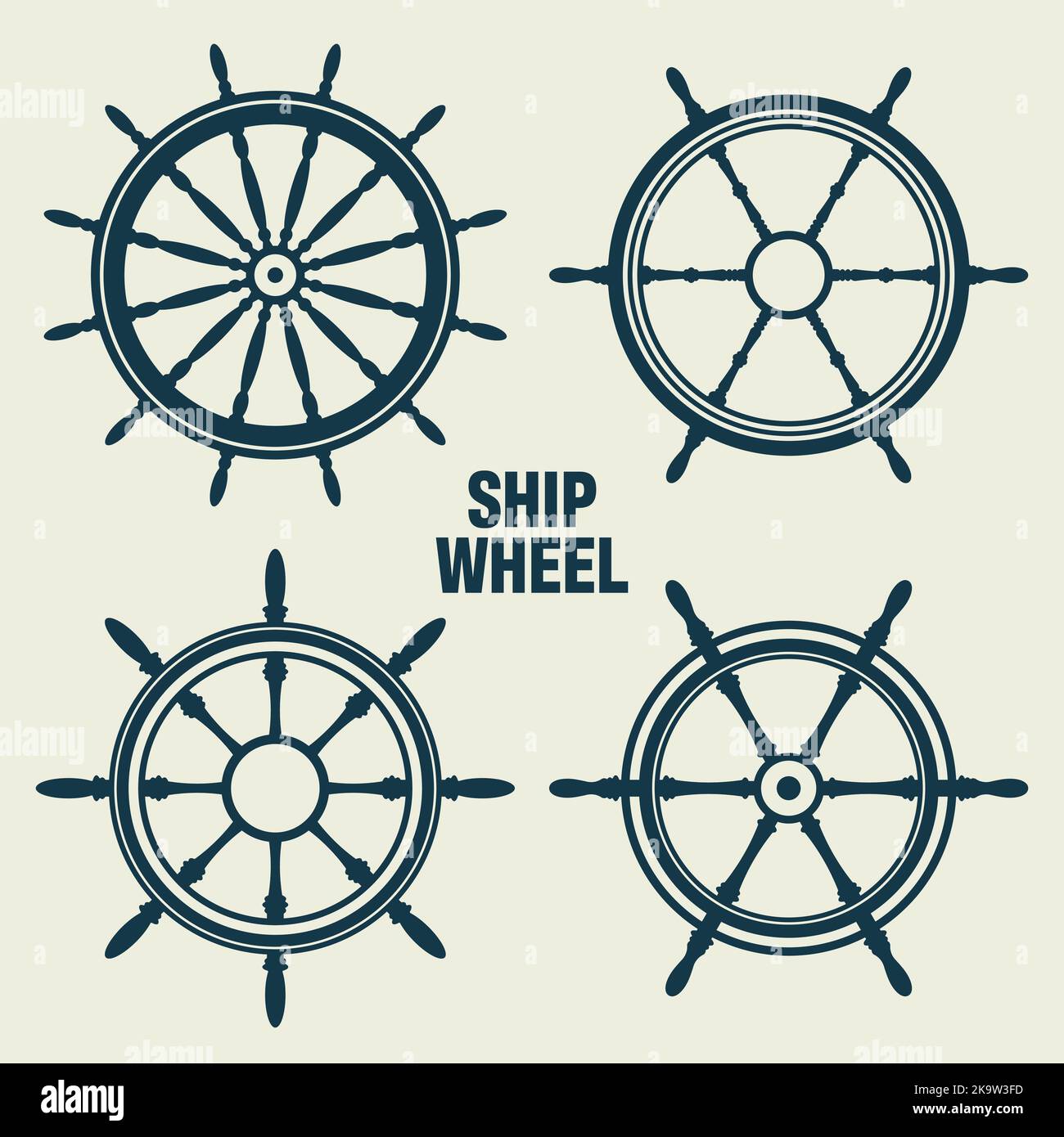 Collection of vintage steering wheels. Ship, yacht retro wheel symbol ...