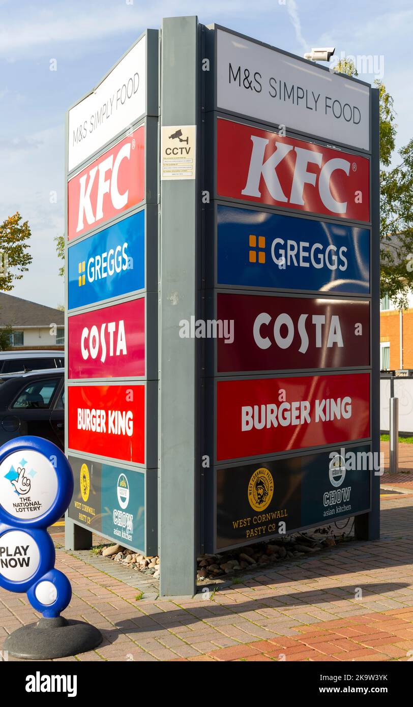 Notice board sign of brands at Reading West motorway service station ...