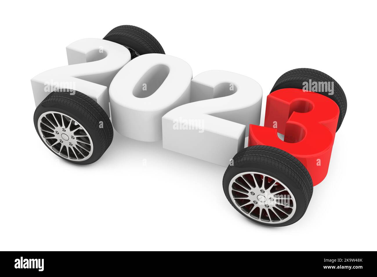 2023 Year Concept with Car Wheels on a white background. 3d Rendering ...