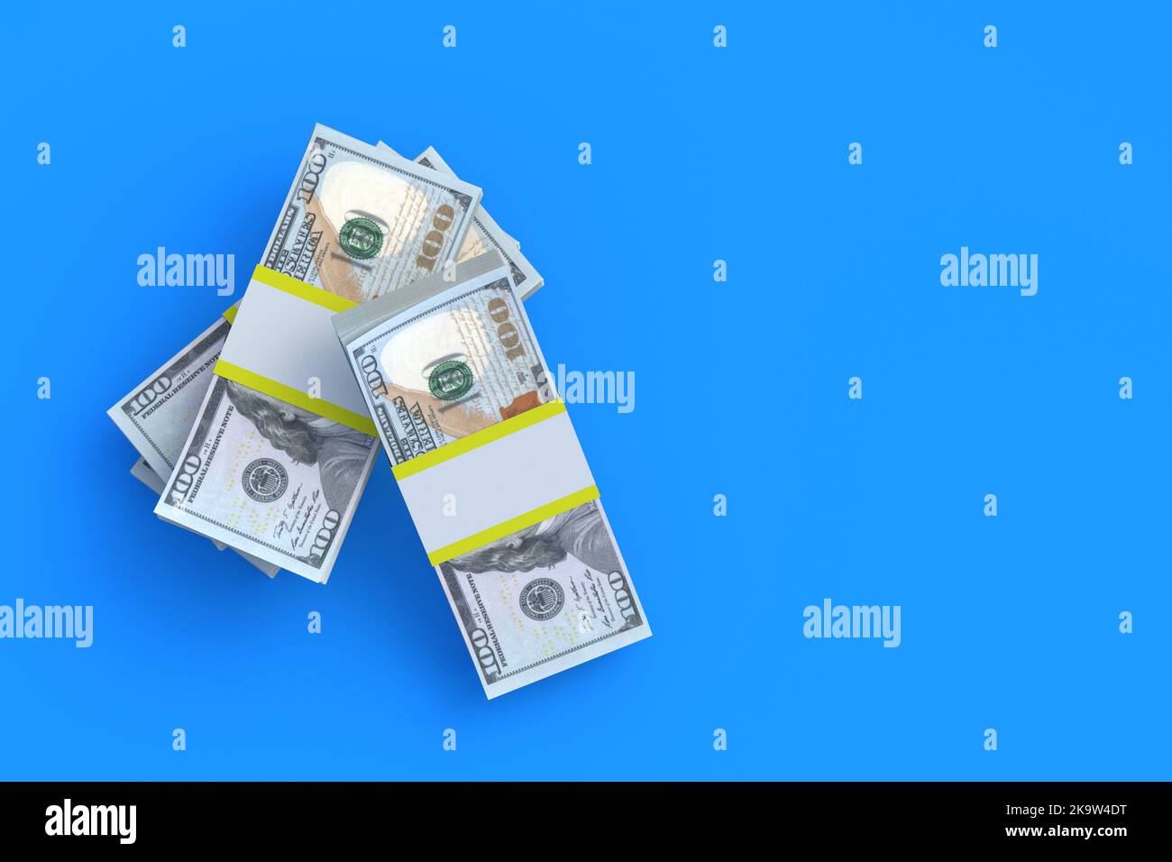 Stack of new dollar banknotes on blue background. Top view. Copy space ...