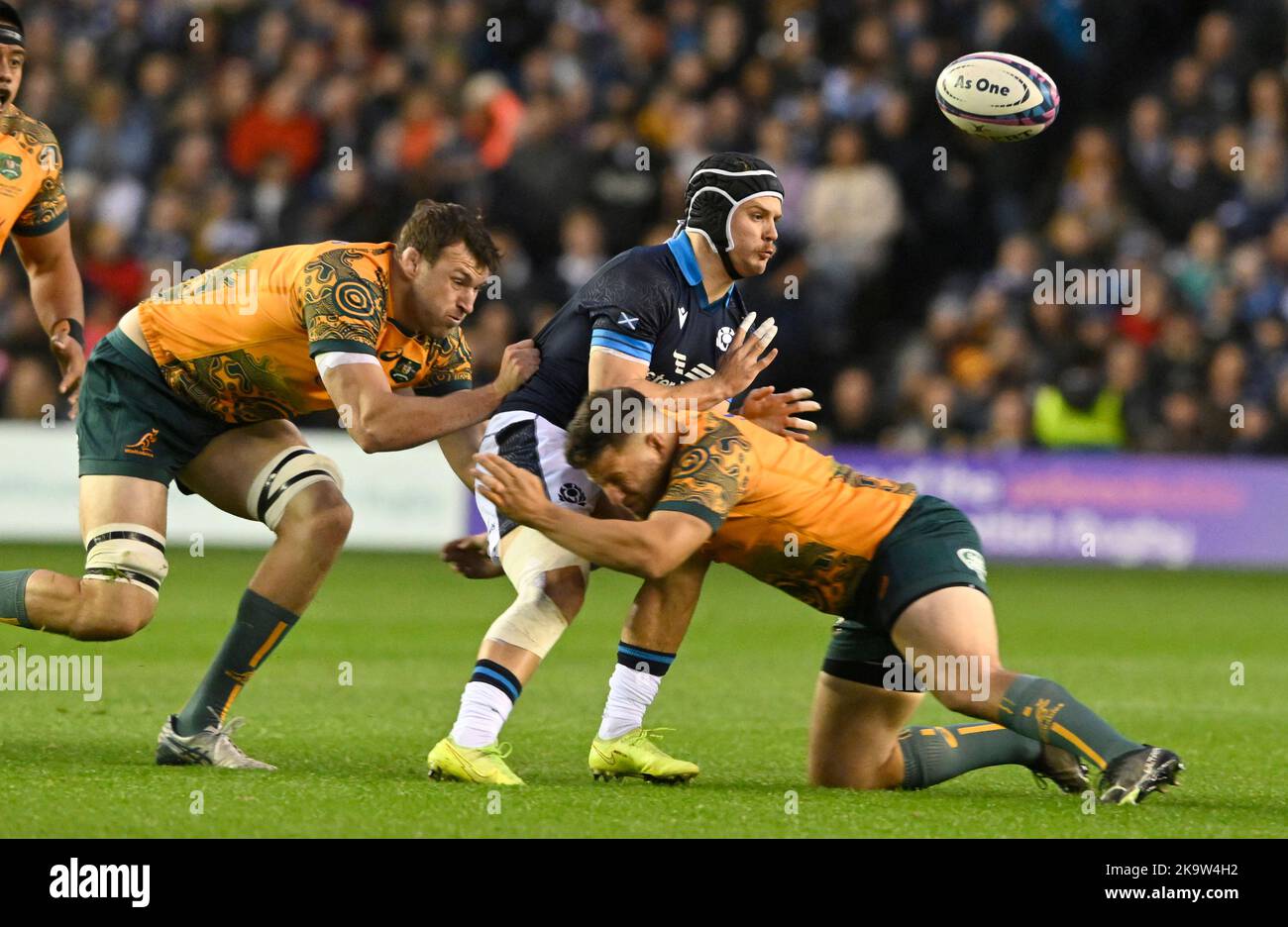 Edinburgh, UK. 29th October 2022. Darcy Graham of Scotland tackled by ...