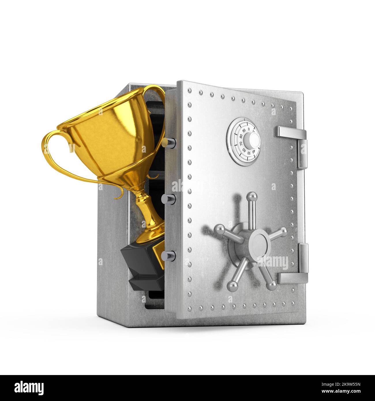 Steel Bank Vault Safe with Golden Award Trophy on a white background ...