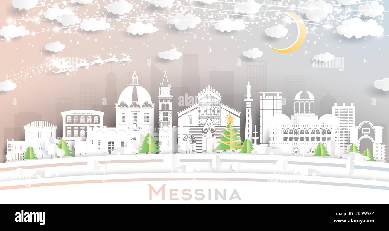 Messina Sicily Italy City Skyline in Paper Cut Style with Snowflakes ...