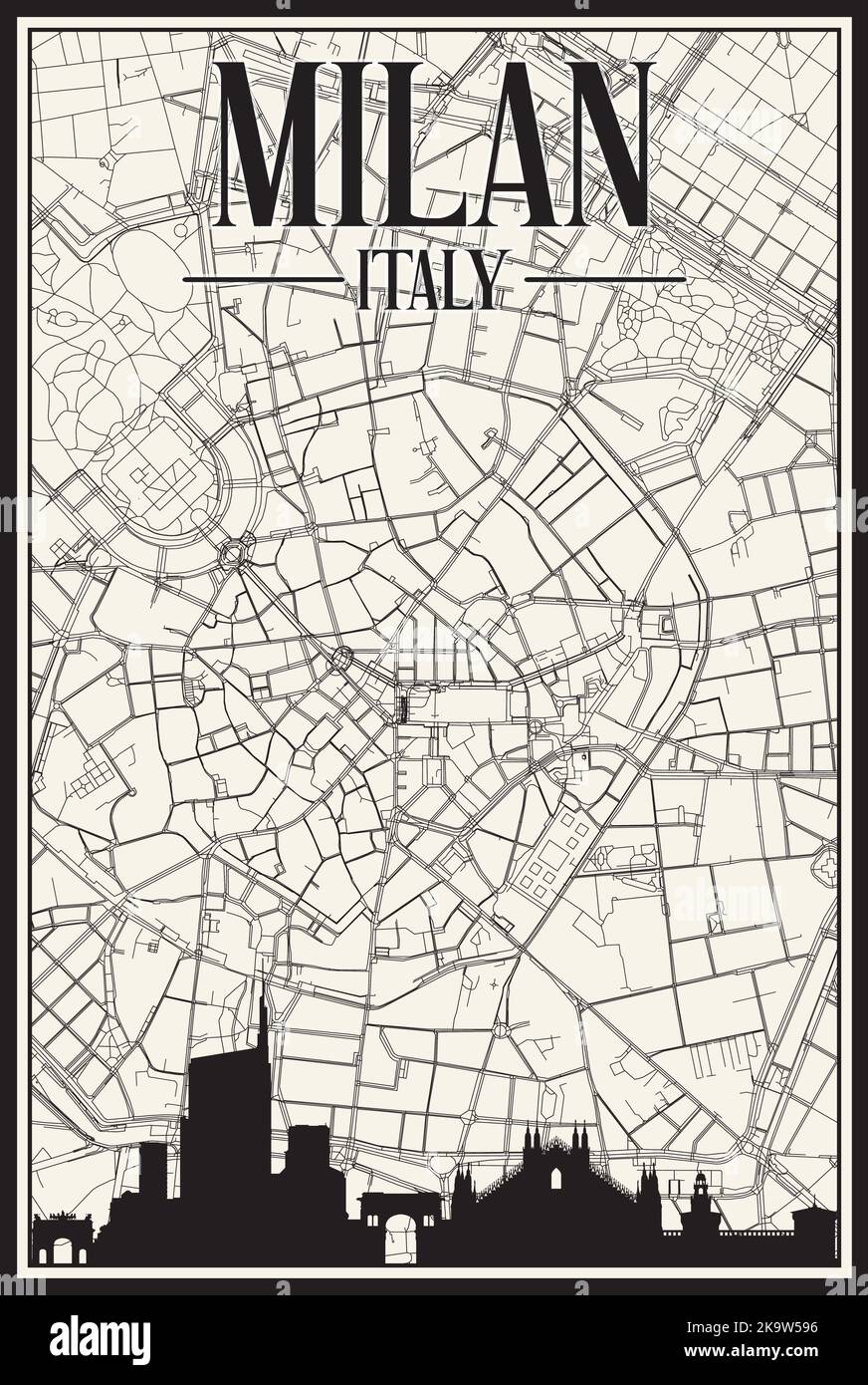 Hand-drawn downtown streets network printout map of MILAN, ITALY Stock Vector Image & Art - Alamy
