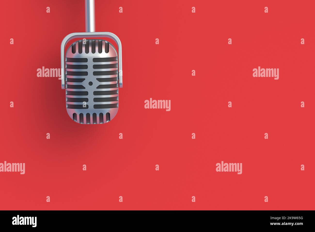 Retro style metallic microphone on red background. Radio broadcast ...