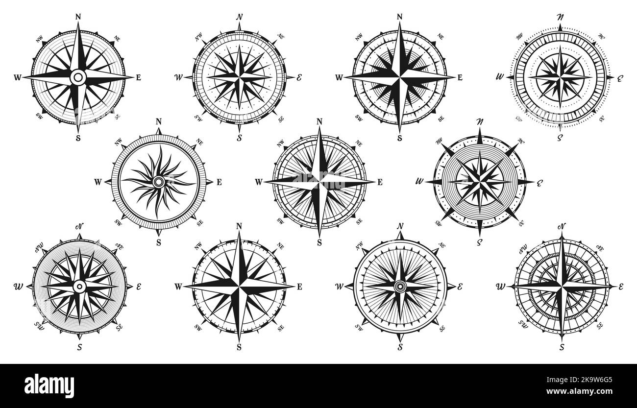 Vintage marine wind rose, nautical chart. Monochrome navigational ...