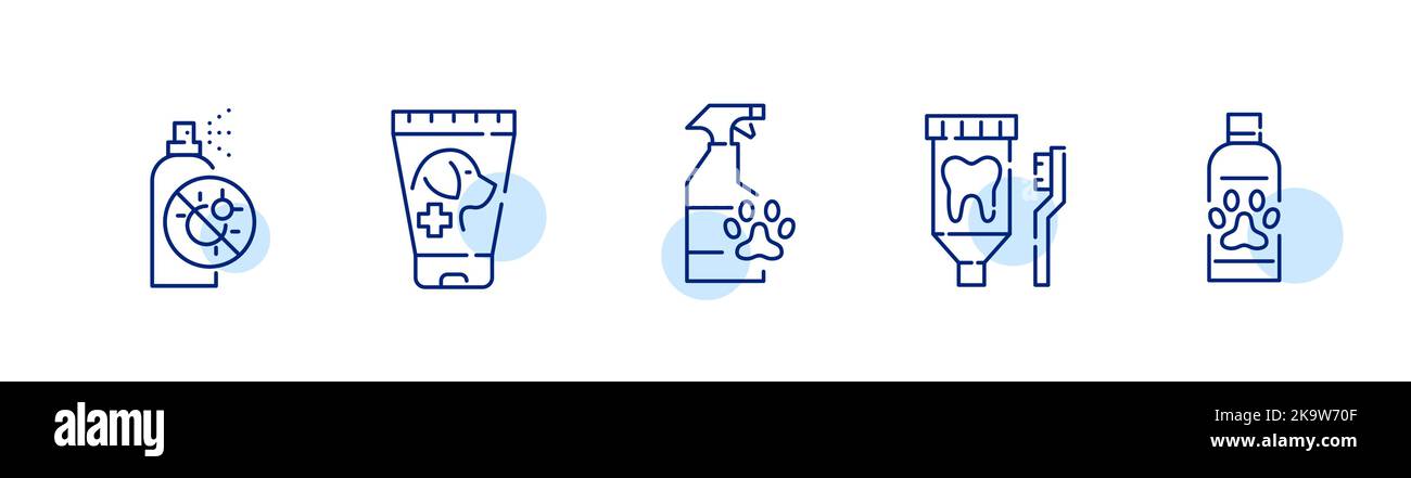 Pet hygiene supplies set. Dog shampoo, toothpaste and pest repellent ...