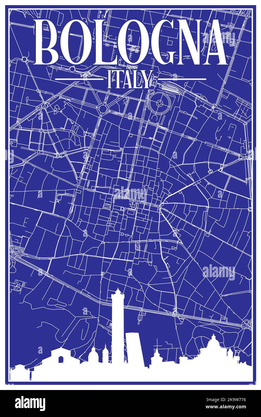 Hand-drawn downtown streets network printout map of BOLOGNA, ITALY ...
