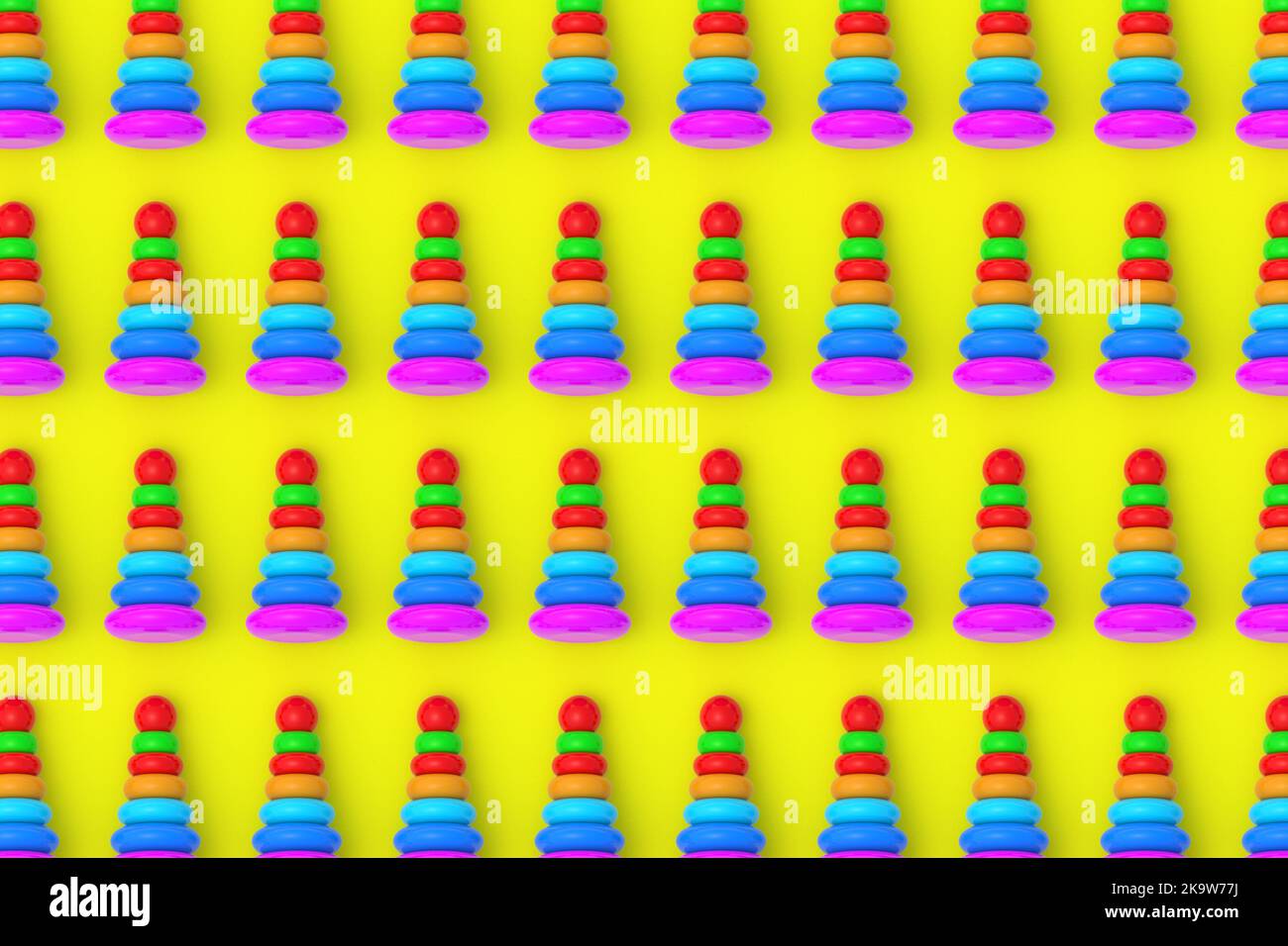 Rows of toy pyramids on yellow background. Children education ...