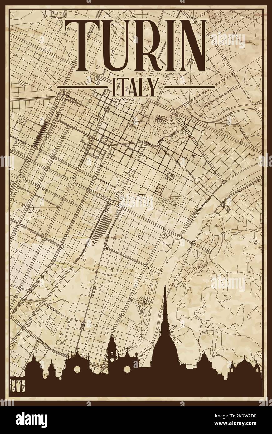 Hand-drawn downtown streets network printout map of TURIN, ITALY Stock ...