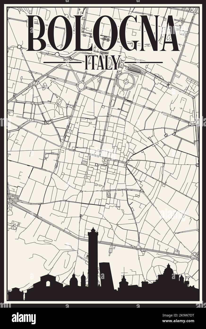 Hand-drawn downtown streets network printout map of BOLOGNA, ITALY ...