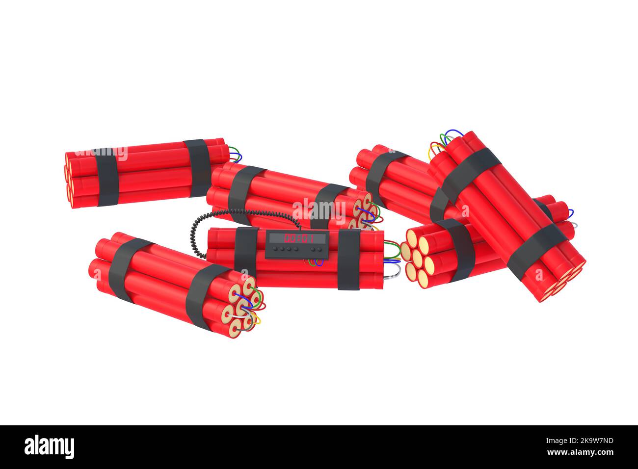Scattered dynamite bomb with digital timer isolated on white background ...