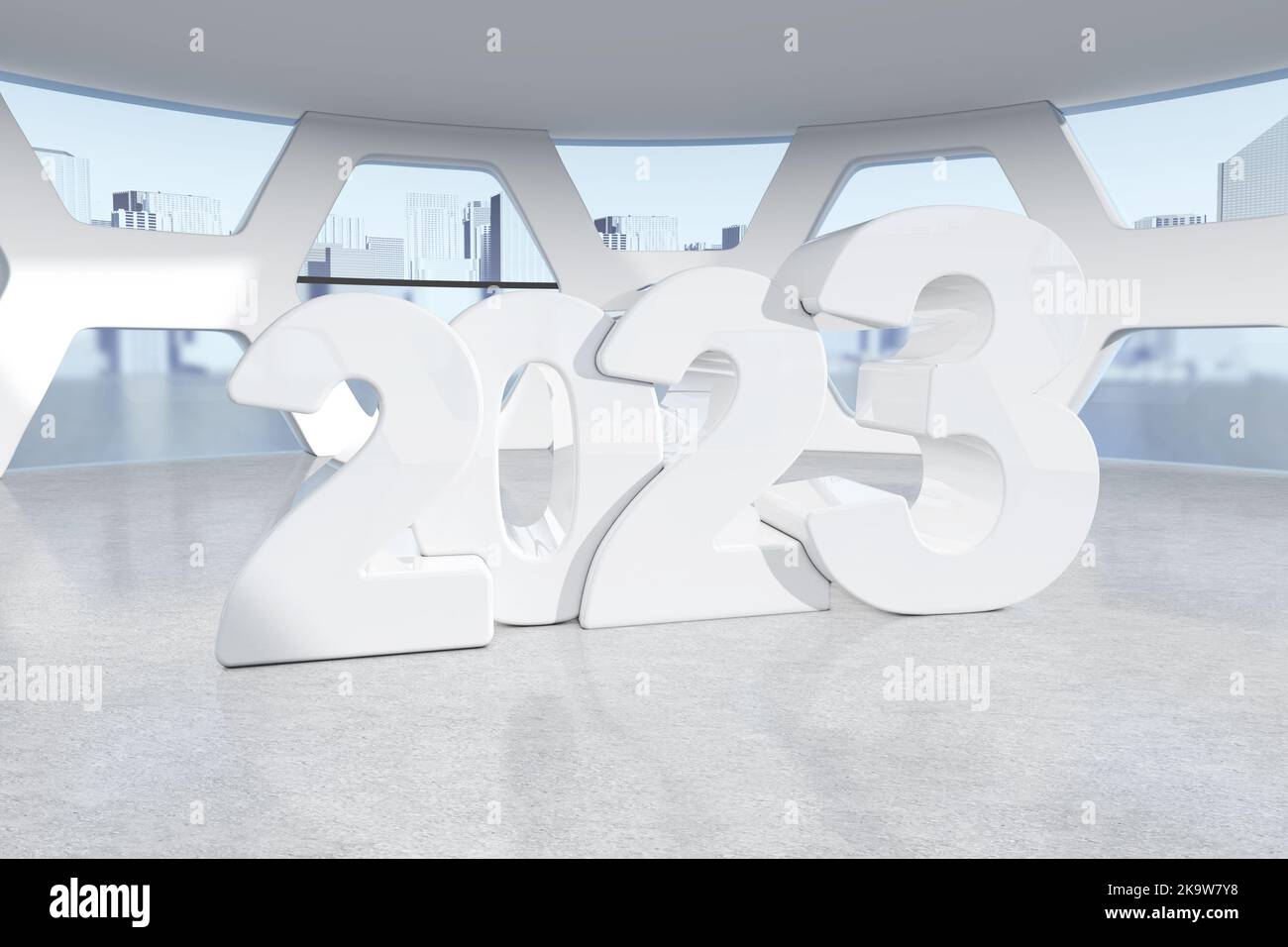 White New 2023 Year Sign in Abstract Bright Office Meeting Room extreme ...
