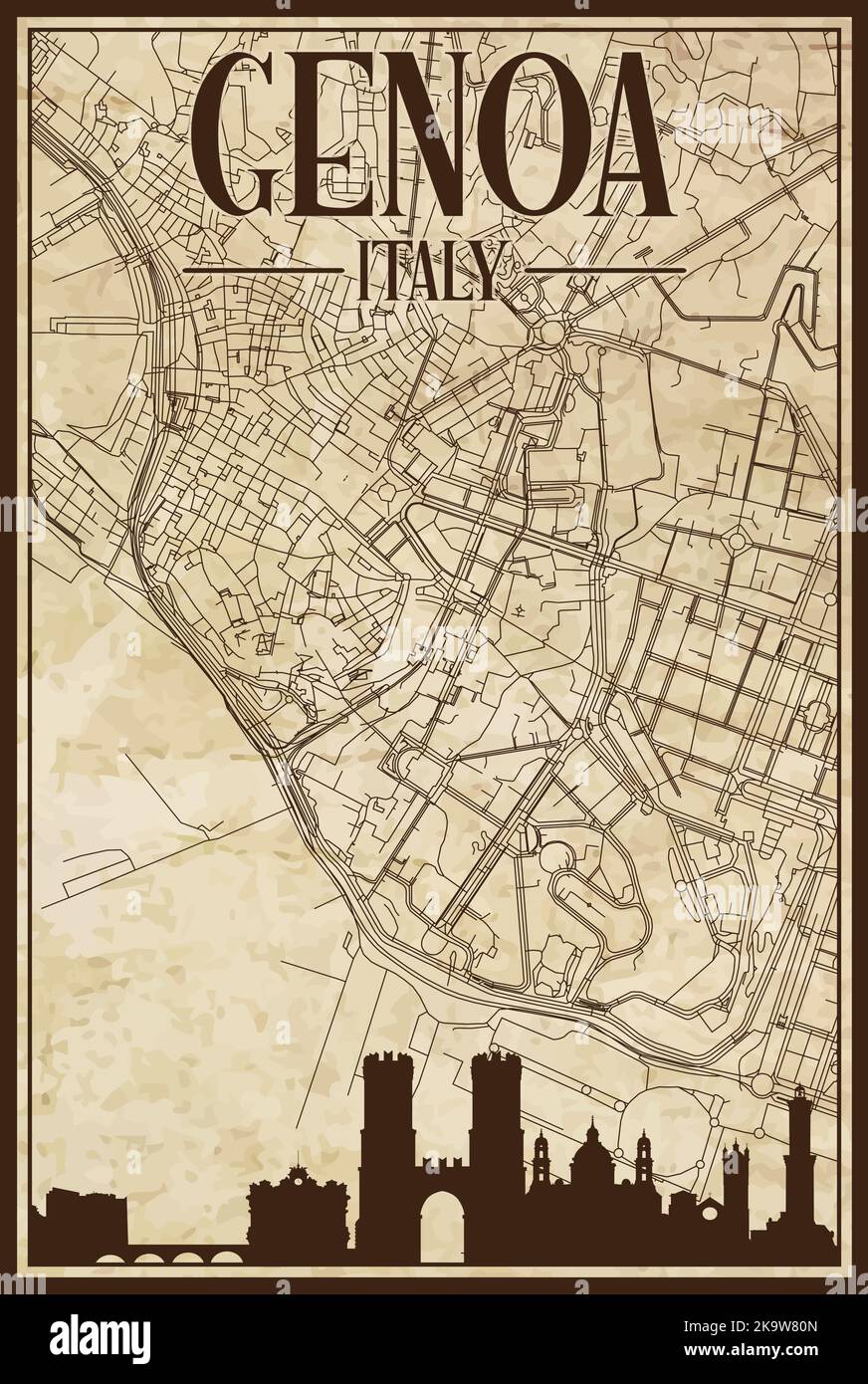 Hand-drawn downtown streets network printout map of GENOA, ITALY Stock ...