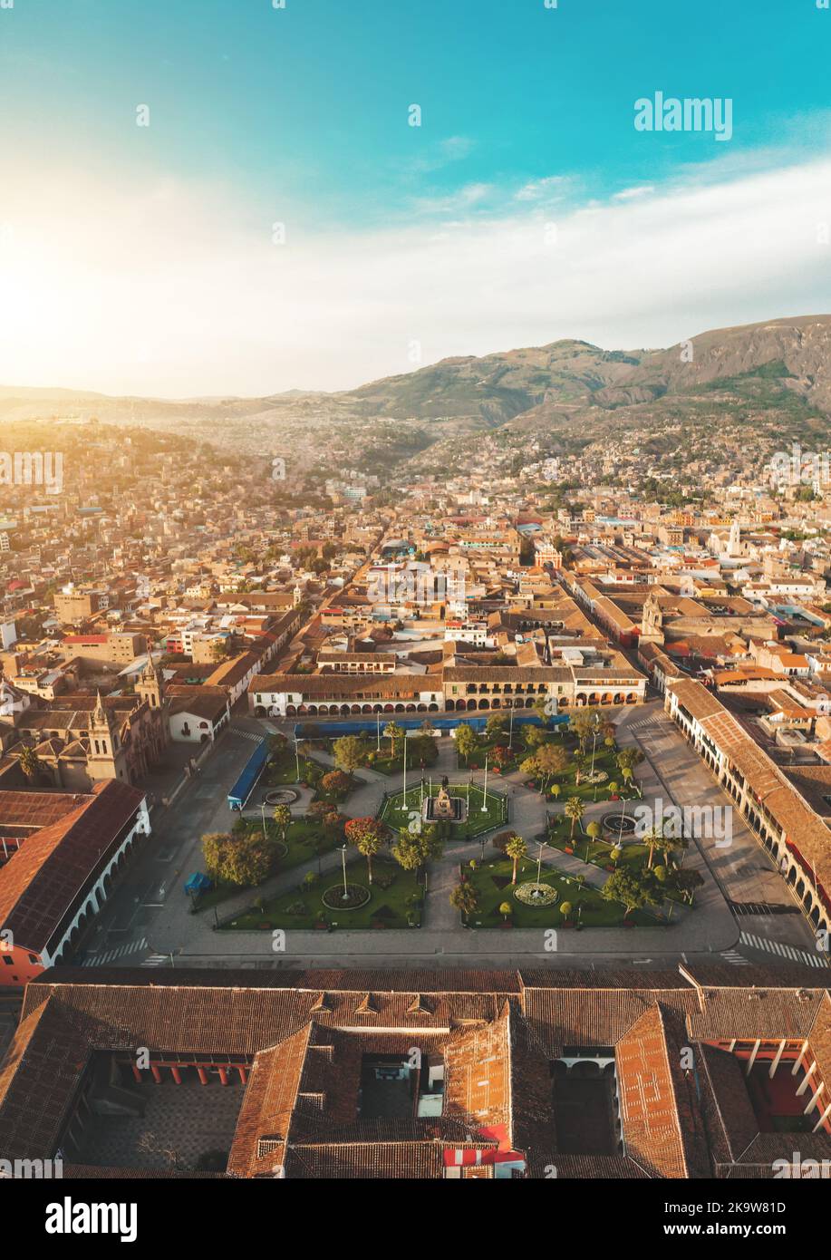 Huamanga, AYACUCHO, PERU. Aerial view of the main square and its great ... Huamanga, AYACUCHO, PERU. Aerial view of the main square and its great ...