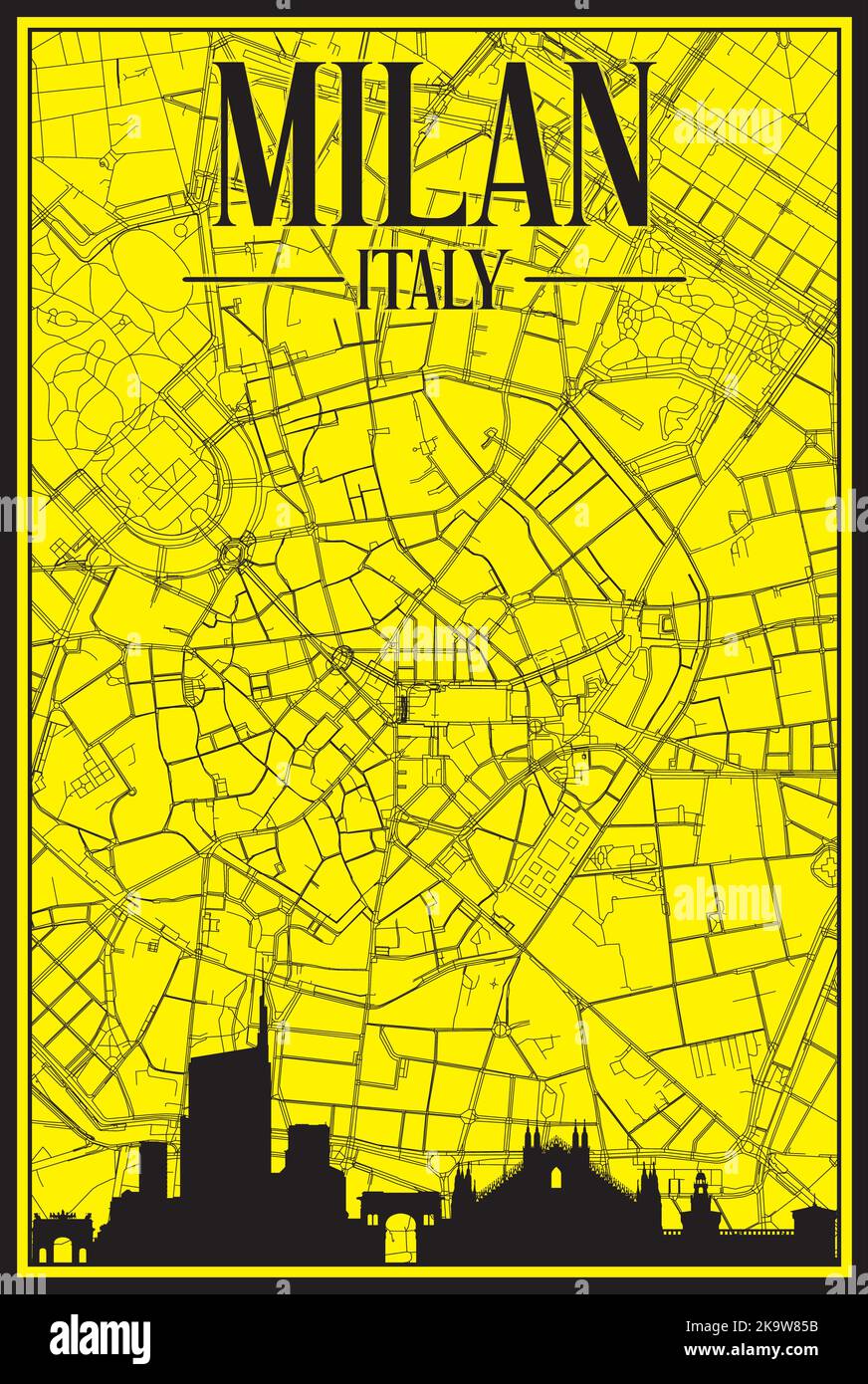 Hand-drawn downtown streets network printout map of MILAN, ITALY Stock ...