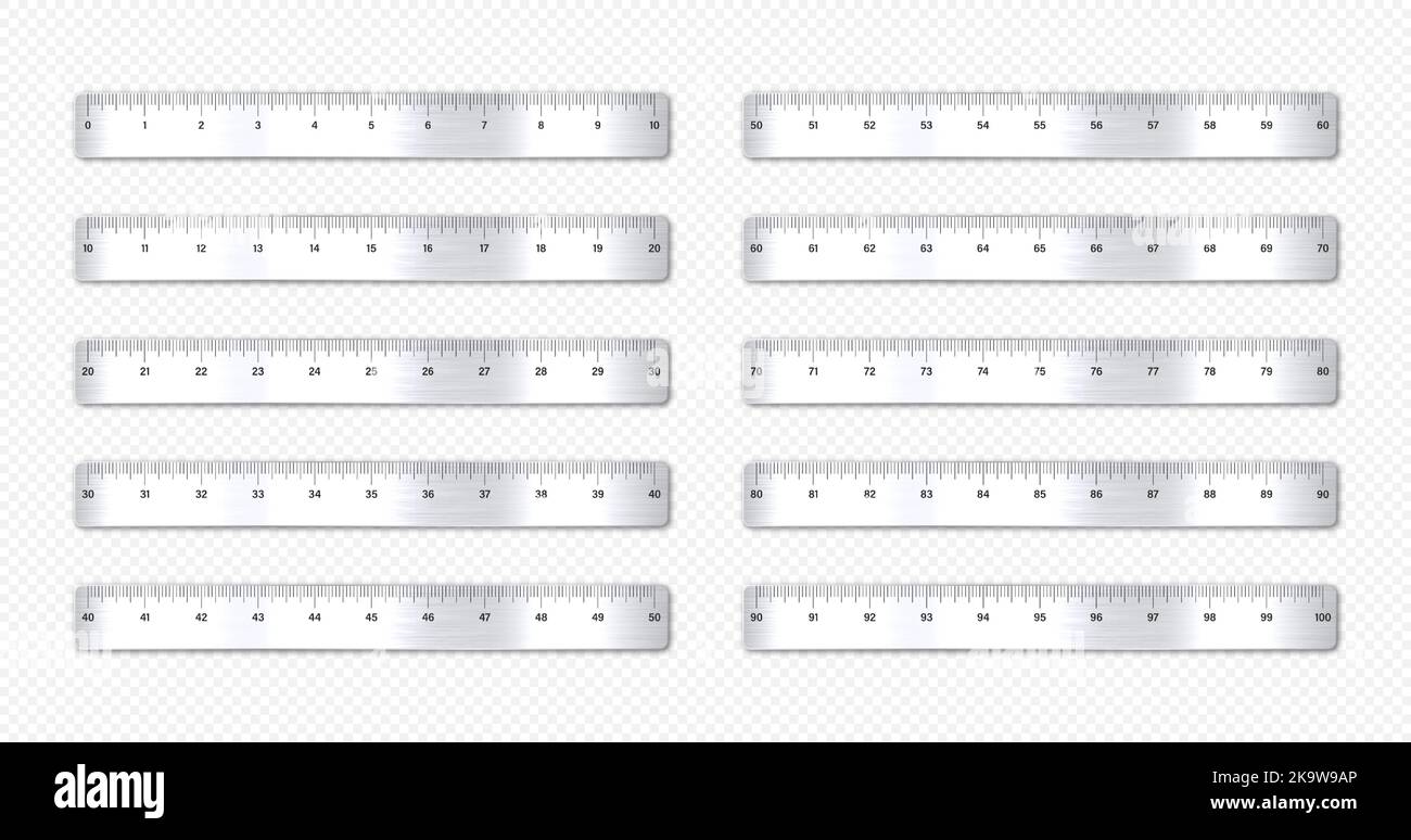 Realistic various brushed metal rulers with measurement scale and ...