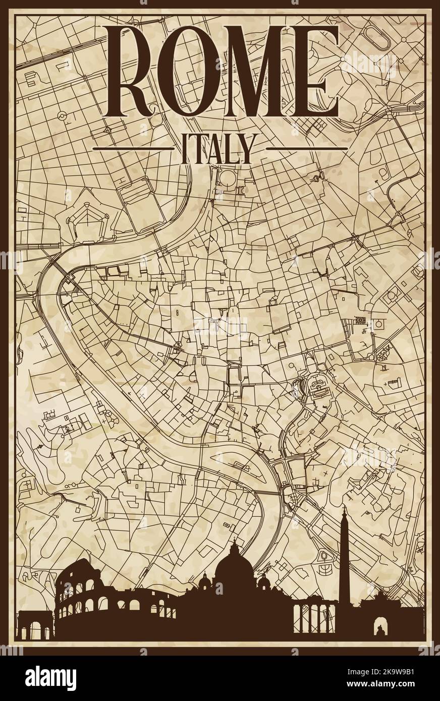 Hand-drawn downtown streets network printout map of ROME, ITALY Stock ...